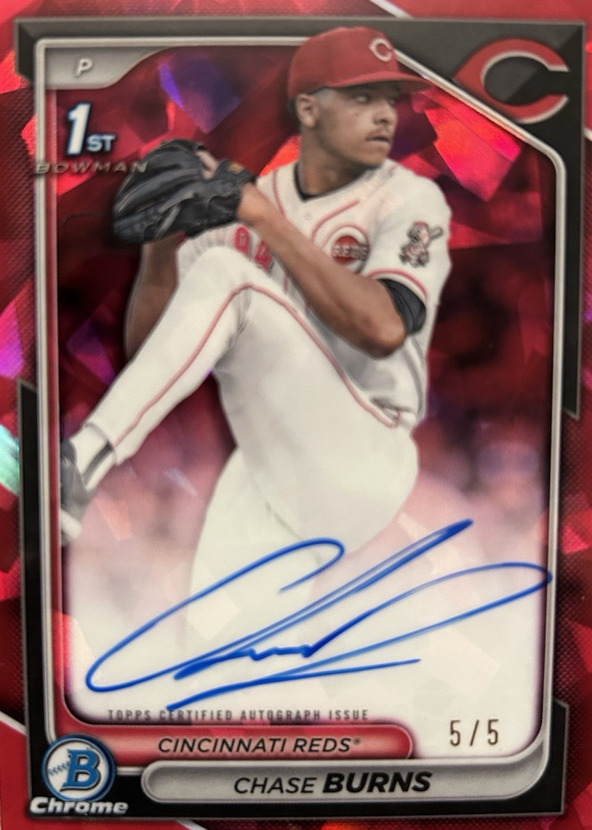 Chase Burns 2024 Bowman Draft Sapphire Edition #CPA-CB Chrome Prospect Auto - Red /5 (1st) Price ...