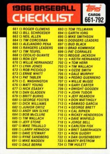 Checklist 1986 Topps #791 Base Price Guide - Sports Card Investor