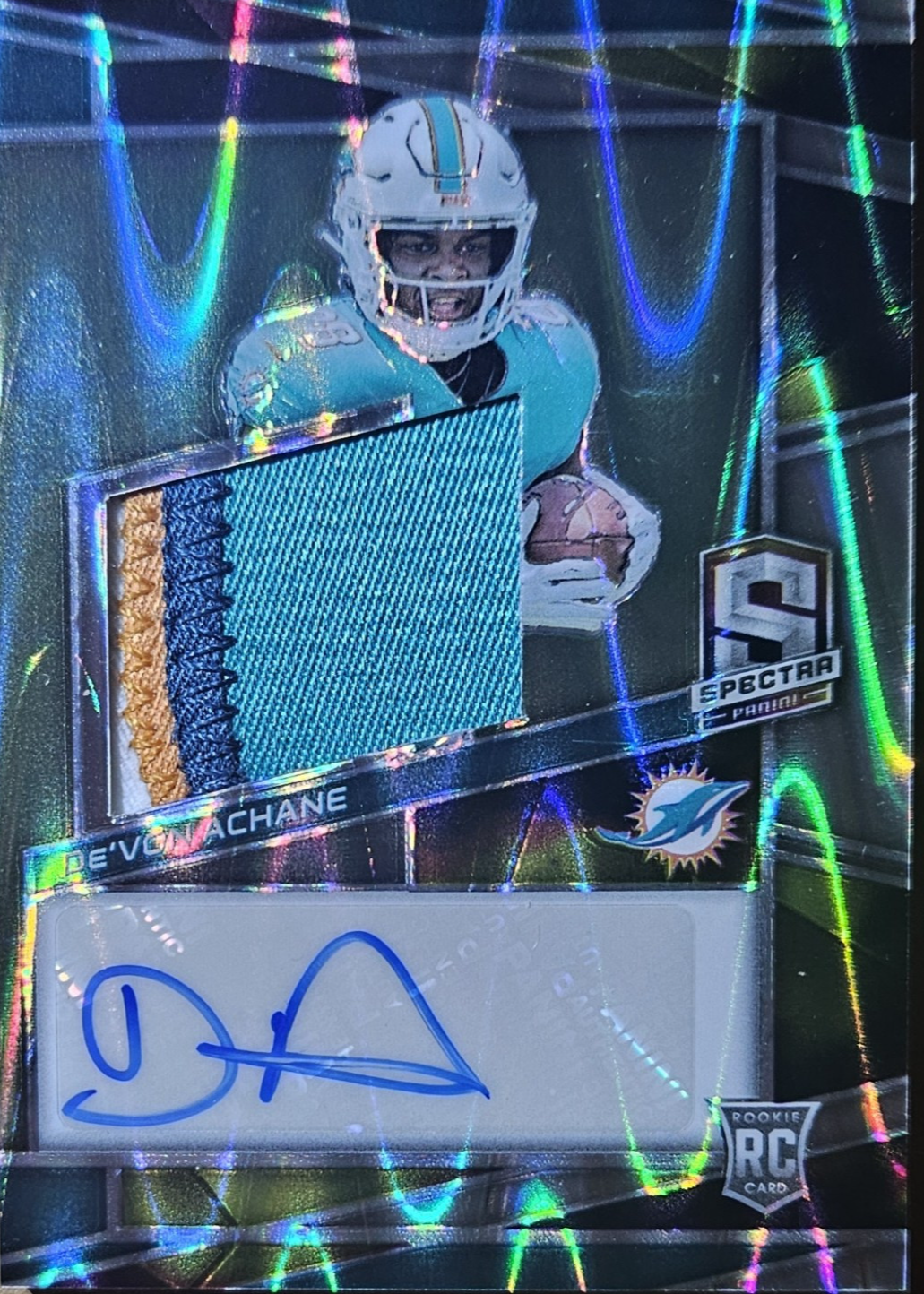 De'Von Achane 2023 Spectra #209 Rookie Patch Auto - Supernova /70 Price ...