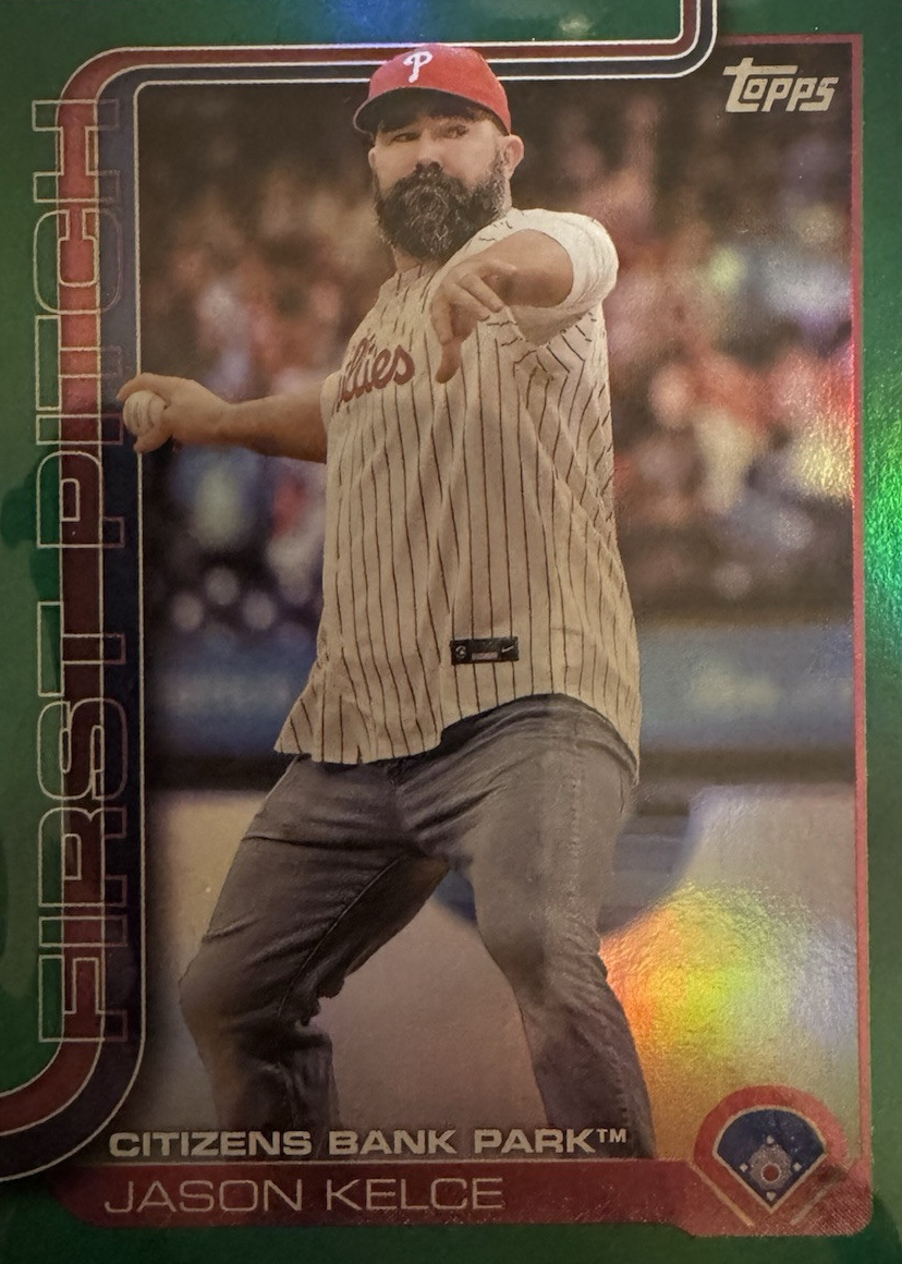 Jason Kelce 2025 Topps #FP-1 First Pitch - Green Foil /99 Price Guide ...